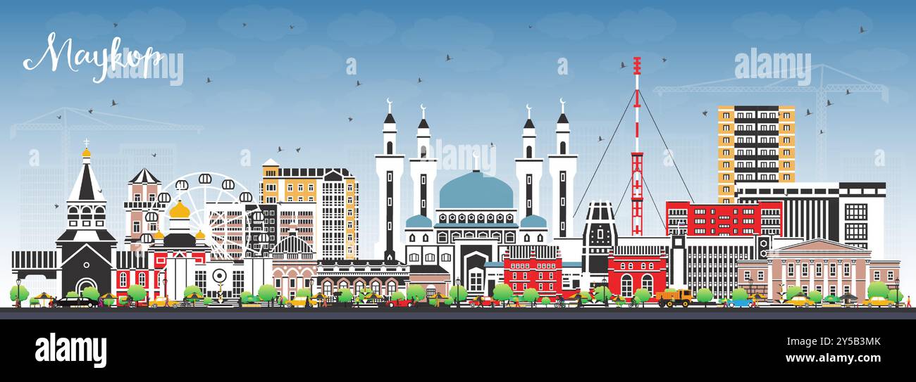 Maykop Russia city skyline with color buildings and blue sky. Vector ...