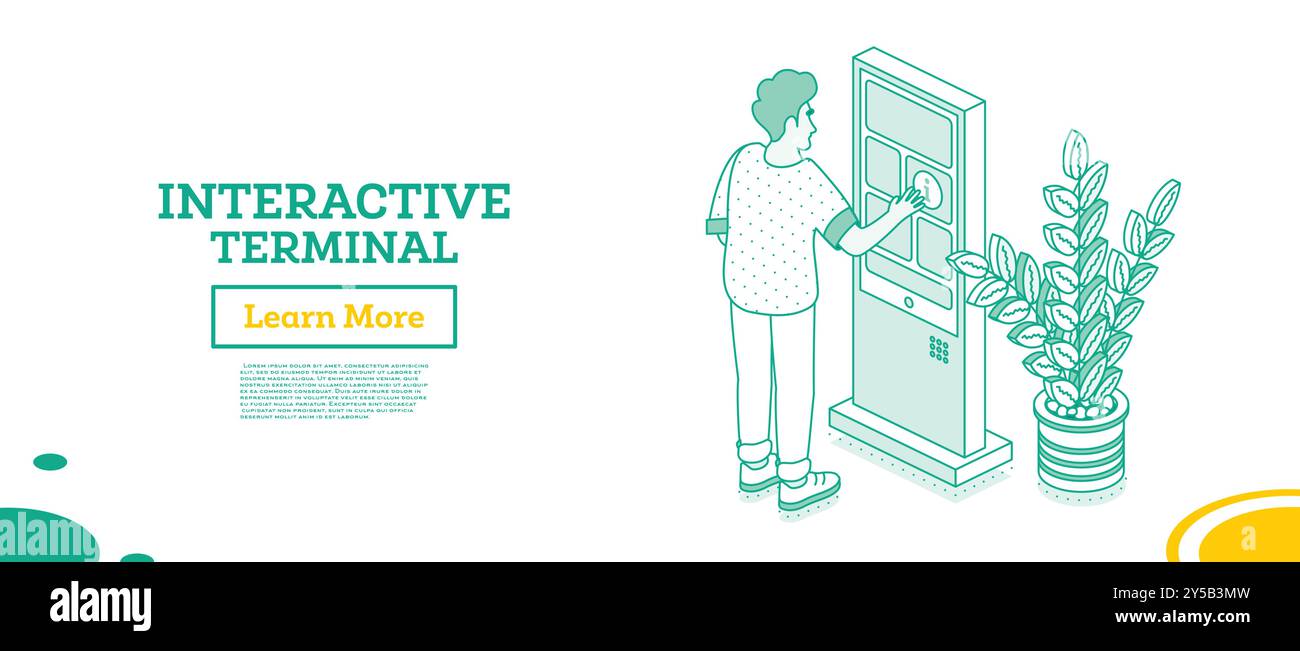 Man using self service terminal in bank. Isometric interactive kiosk ...