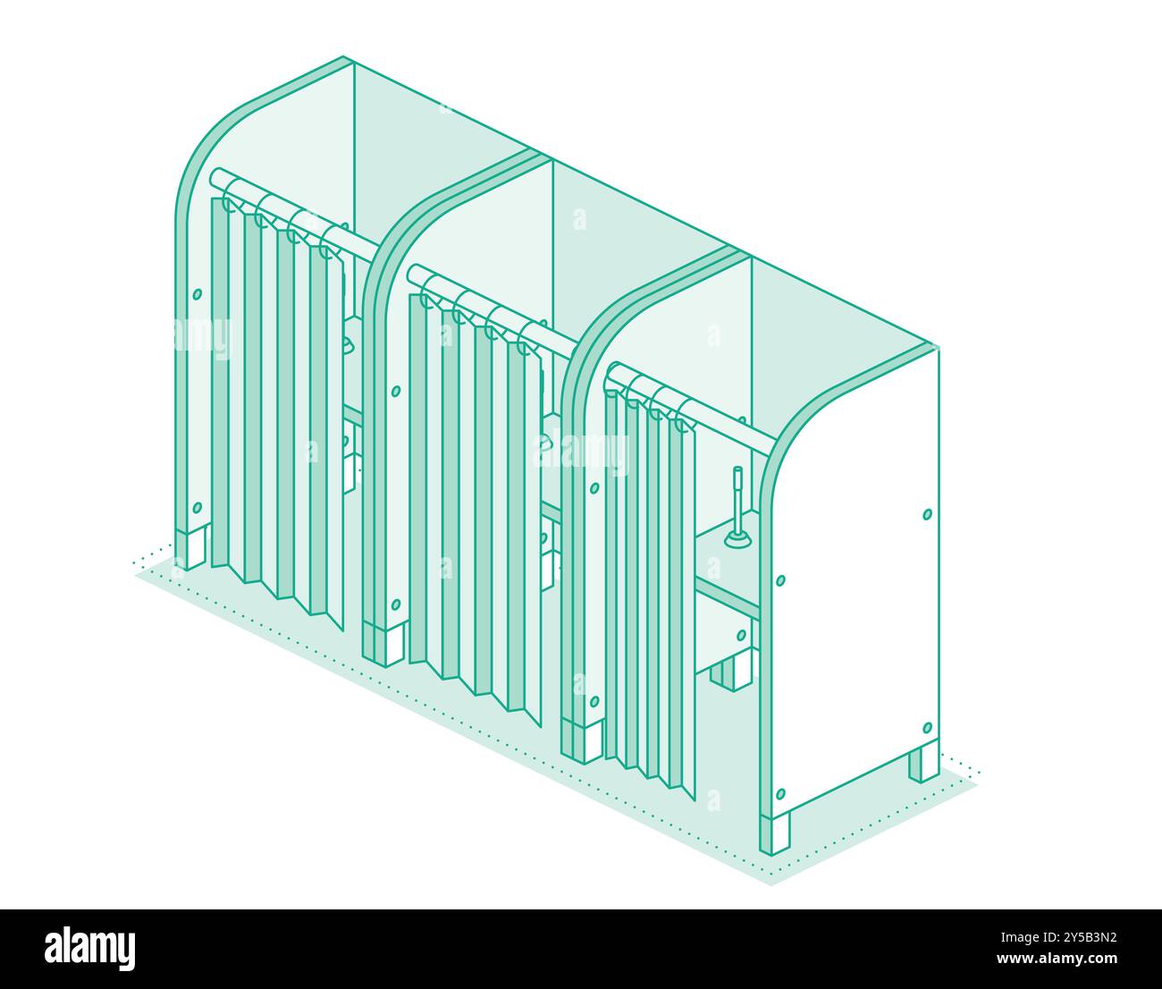 Isometric separated voting booths with close and open curtains and pen ...