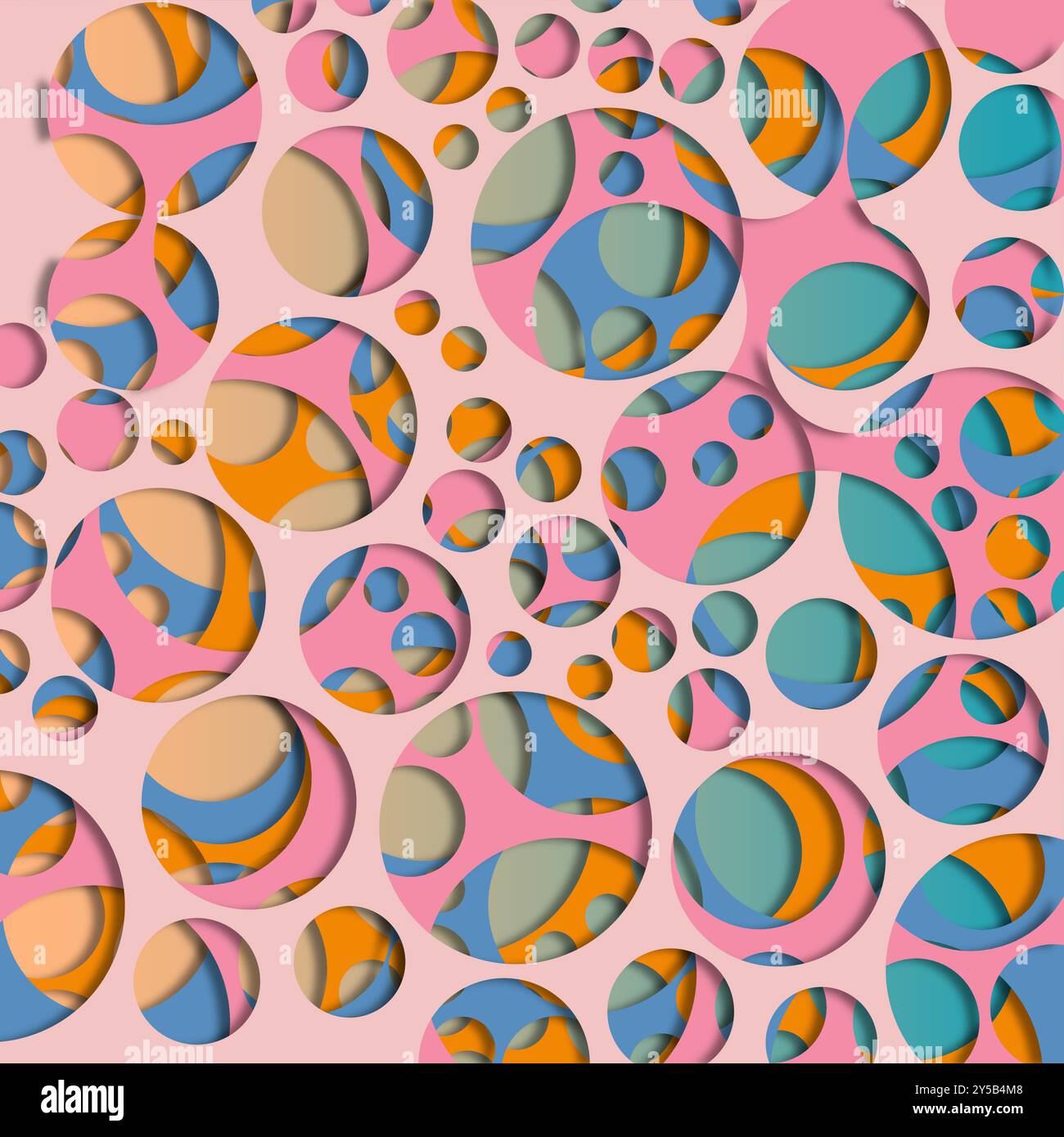 Pink background with various sizes of overlapping colorful circles. Suitable for abstract ...