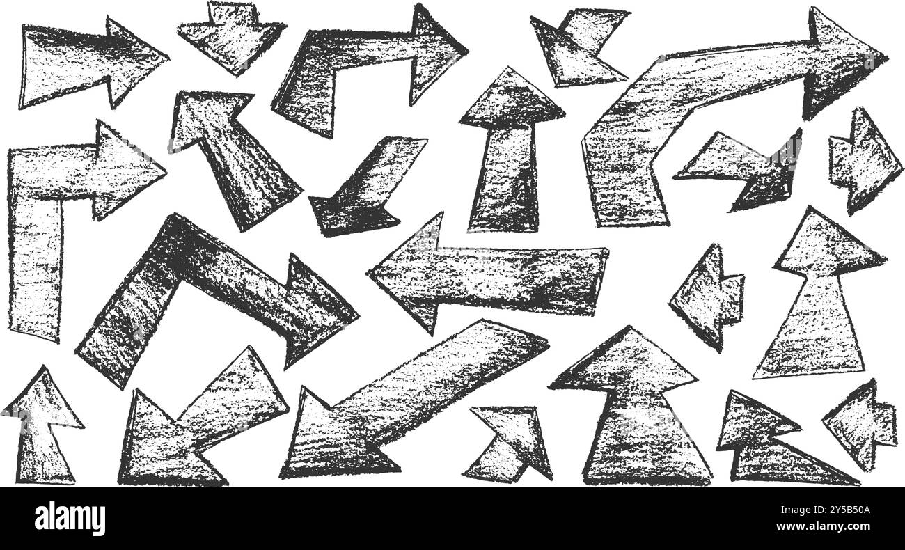 Set of crayon hand drawn arrows in different directions. Chalk, brush ...