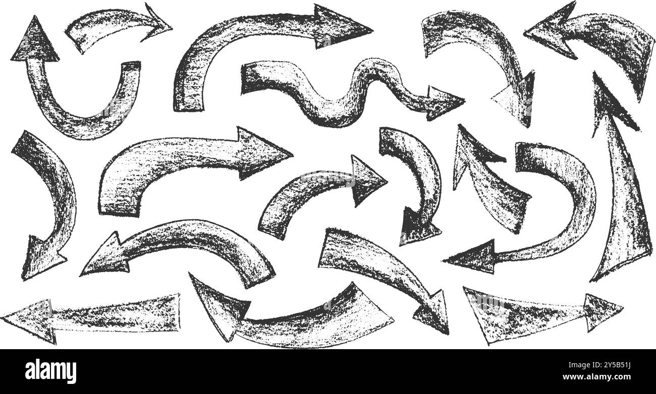 Set of crayon hand drawn arrows in different directions. Chalk, brush ...