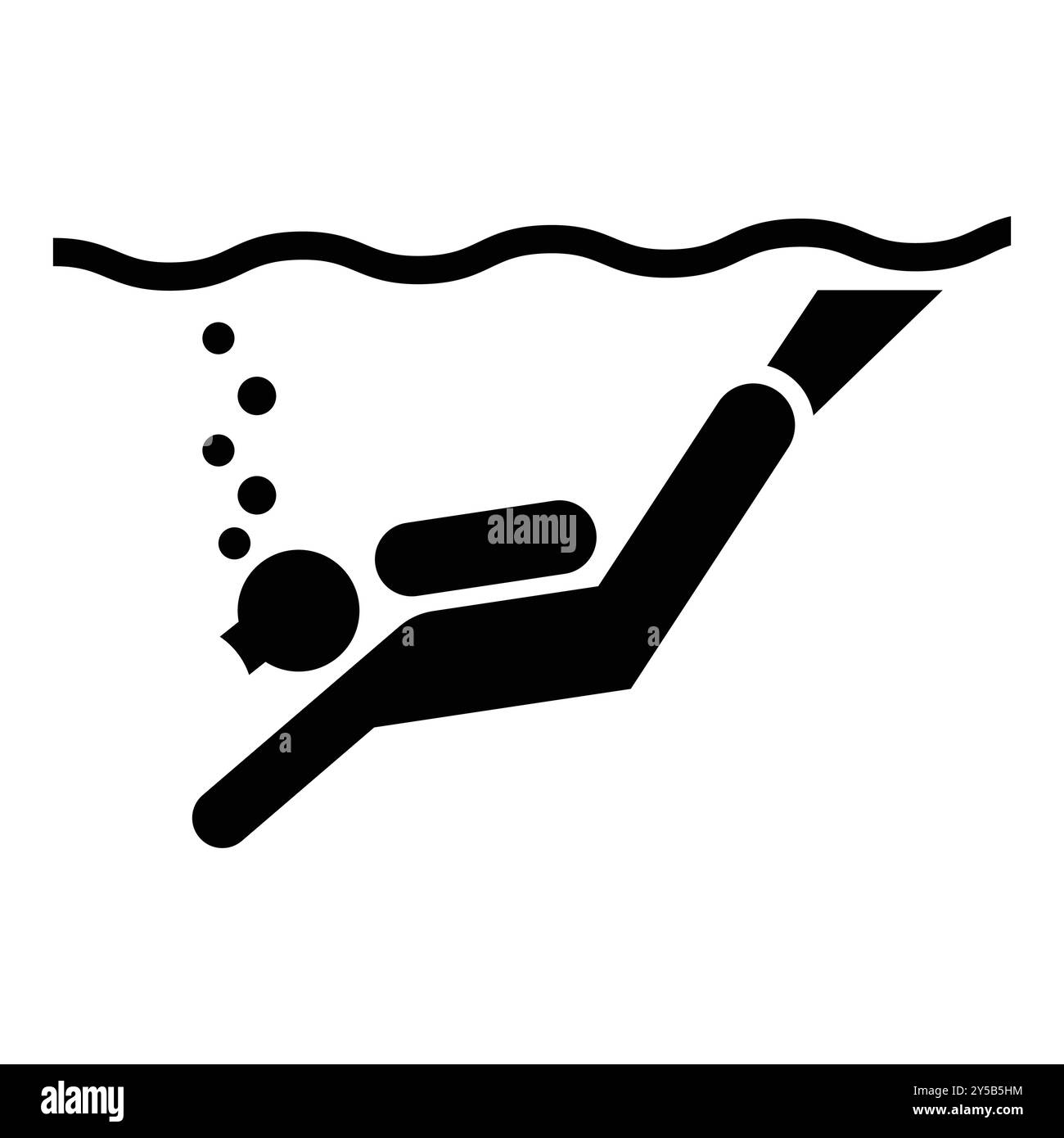 Simple silhouette of a diver swimming underwater, surrounded by bubbles ...