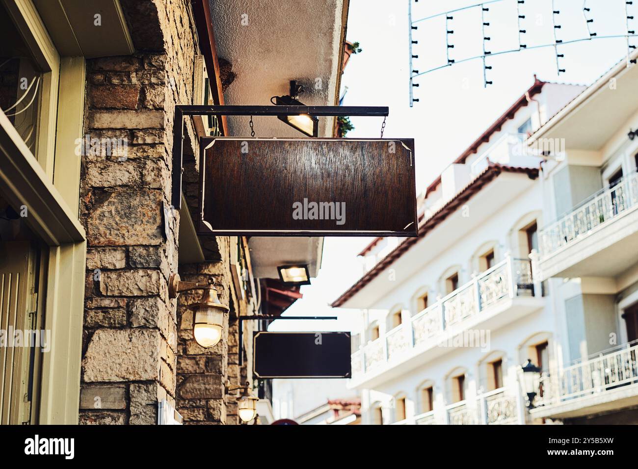 Vintage, blank and sign on building in city for business announcement ...