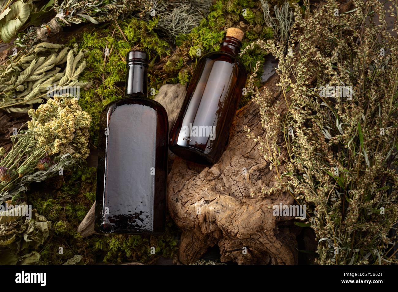 Vintage bottles with tinctures and various dried herbs. Concept of ...