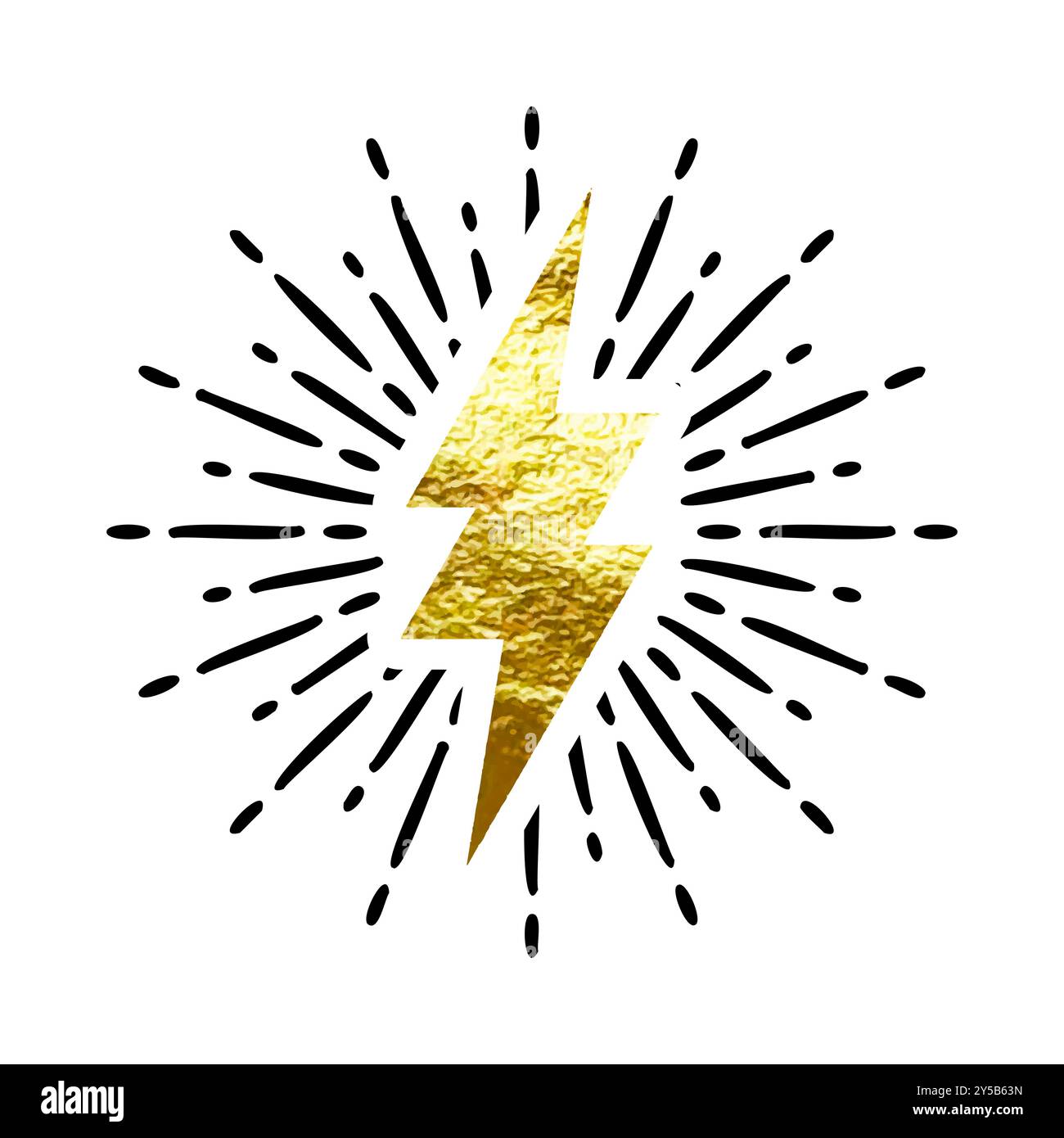 Vintage golden lightning bolt and sun rays. Gold foil texture ...