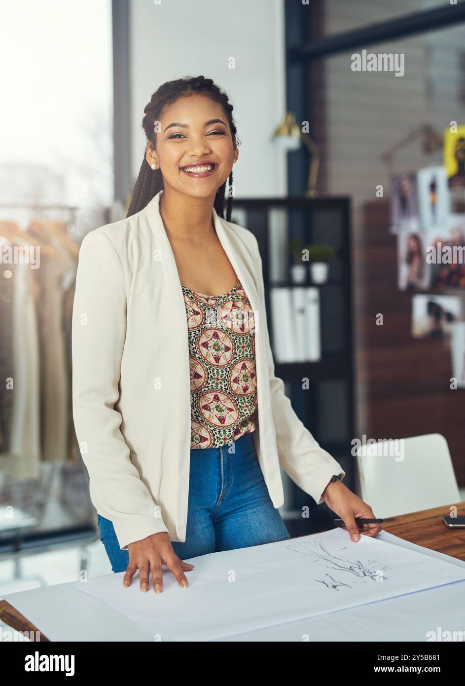 Fashion design, office and portrait of woman with documents for clothes ...