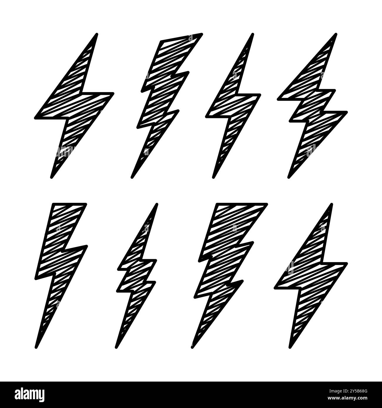 Hatched lightning bolt icons collection. Hand drawn flash symbol ...