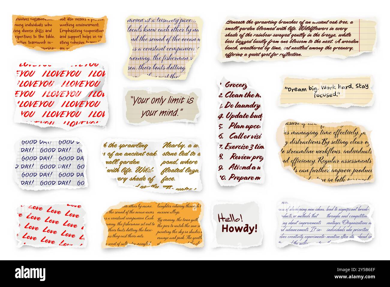 Ripped paper strips with handwritten text. Realistic crumpled paper ...