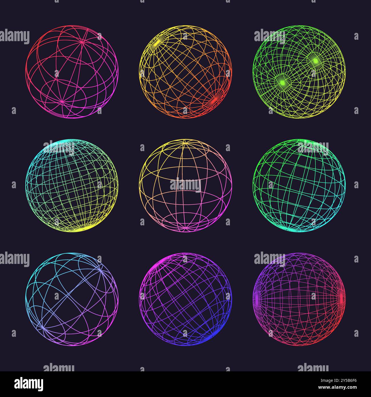 Neon wireframe shapes, lined sphere. Perspective mesh, 3d grid. Low ...