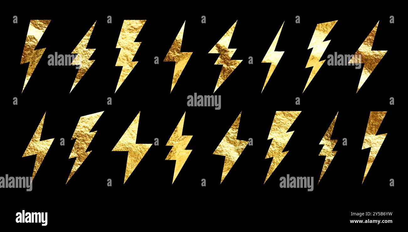 Golden lightning bolt icons collection. Gold foil texture. Flash symbol ...