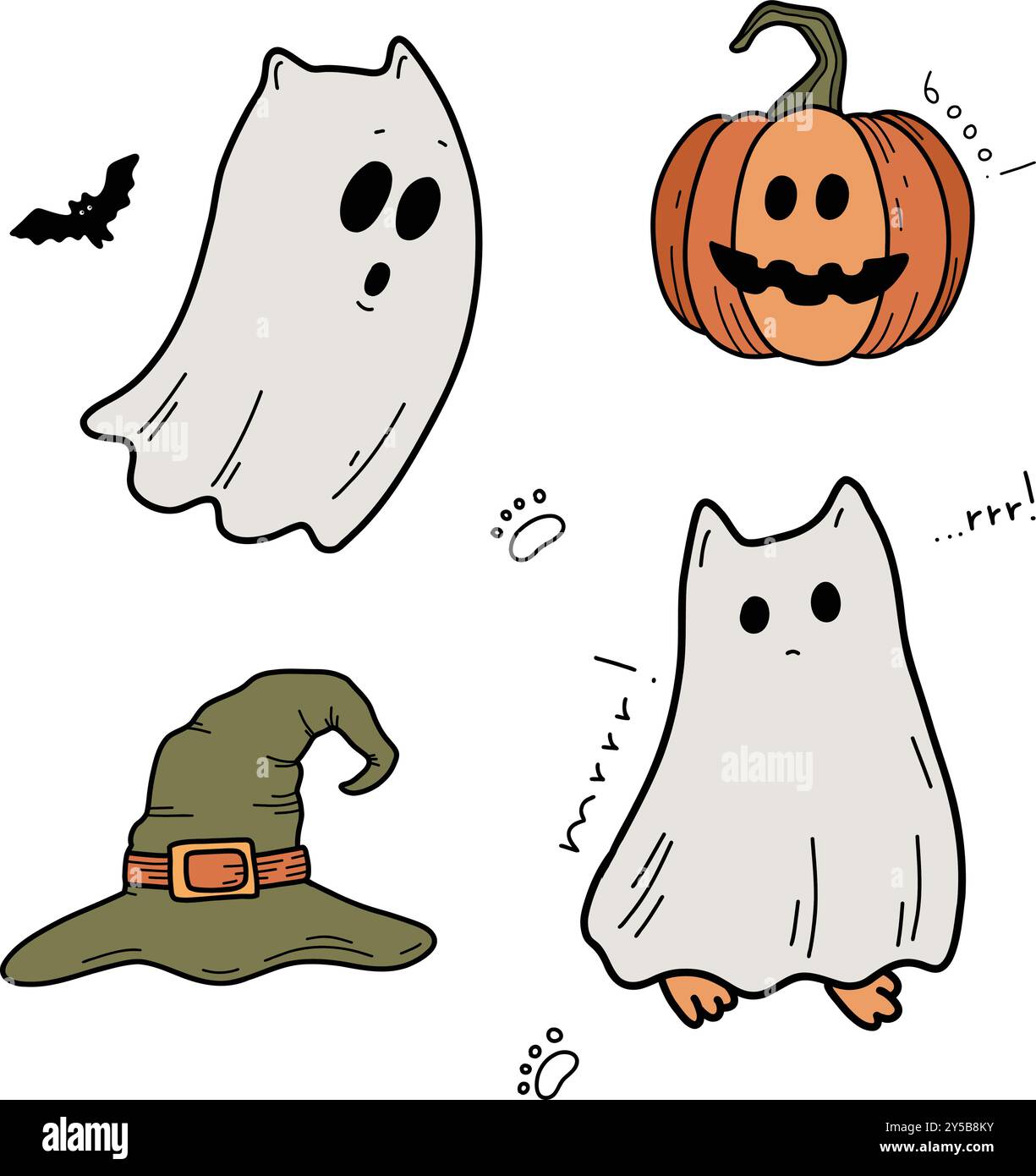 Traditional Halloween symbols: ghosts, ghost cat, pumpkin, witch hat ...