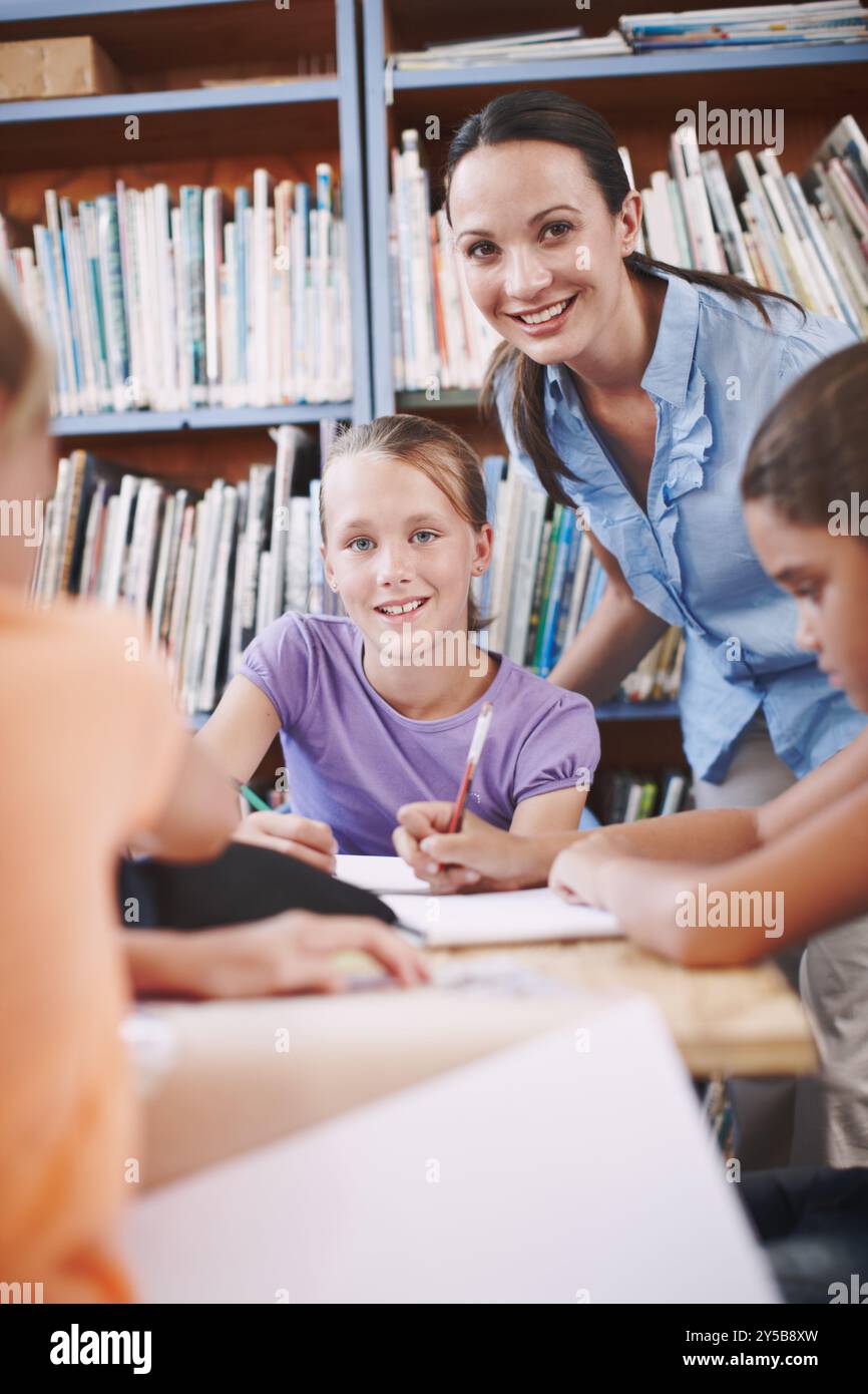 Portrait, teacher and student with questions in a classroom or library ...