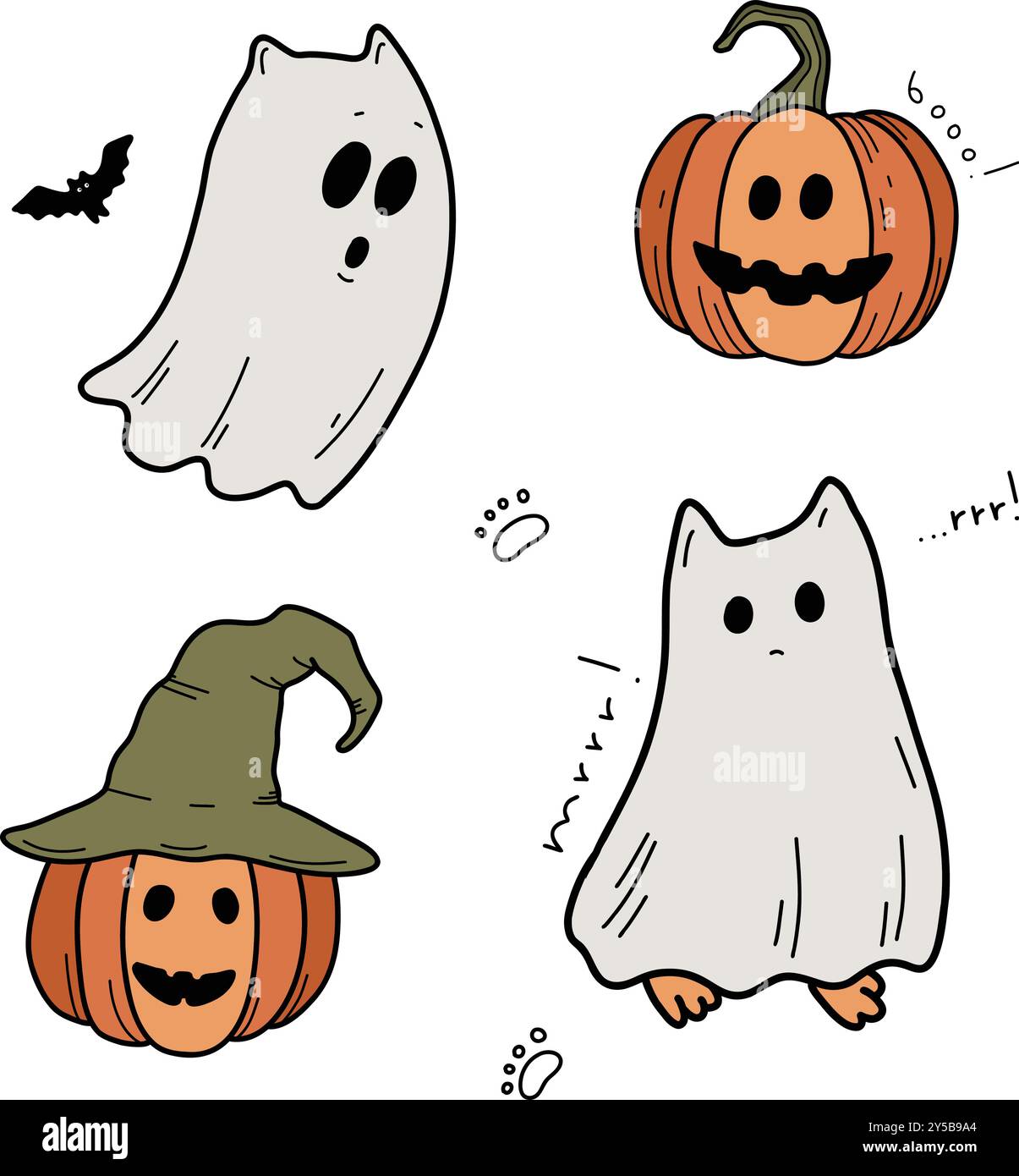 Traditional Halloween symbols: ghosts, ghost cat, pumpkin, witch hat ...