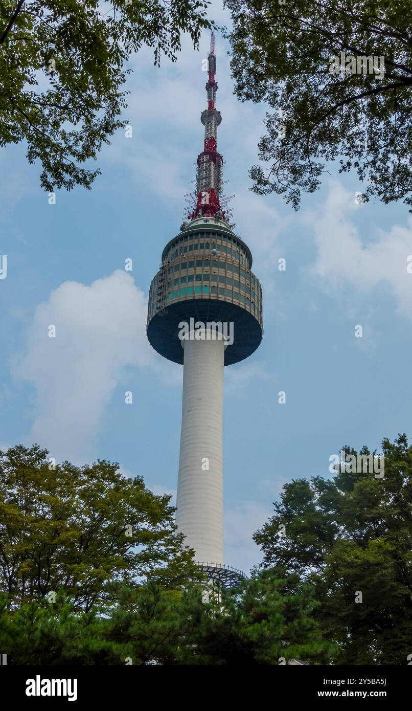 Seoul, Korea - August 26, 2024 - low-angle view of Namsan Seoul Tower ...