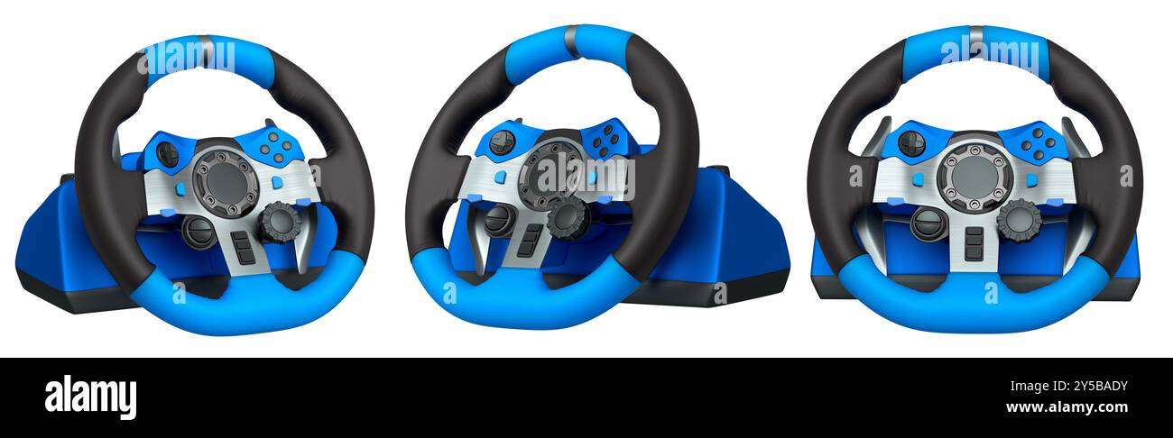 Set of racing game steering wheels isolated on white background with ...