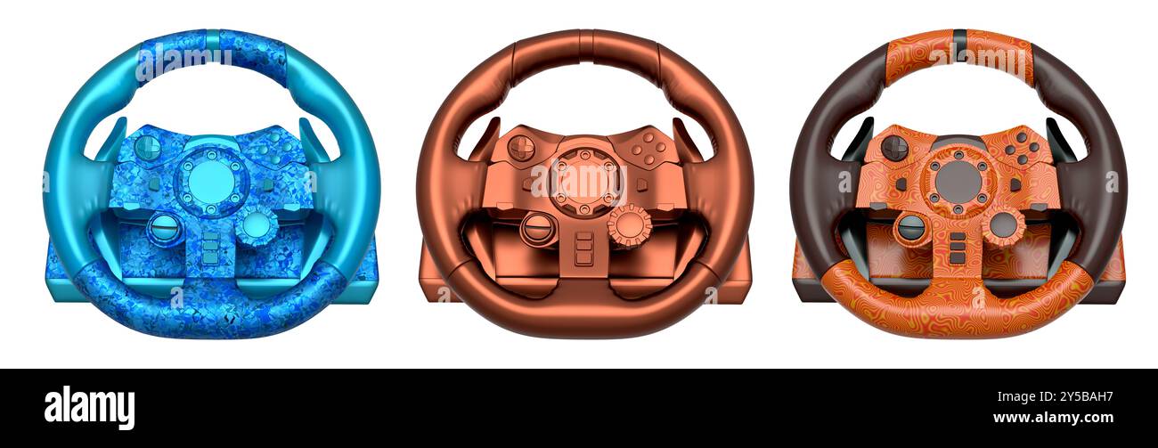 Set of racing game steering wheels isolated on white background with ...