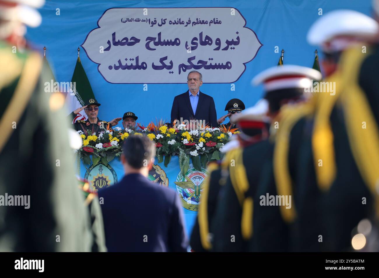 Tehran, Iran. 21st Sep, 2024. Iranian President MASOUD PEZESHKIAN (C ...
