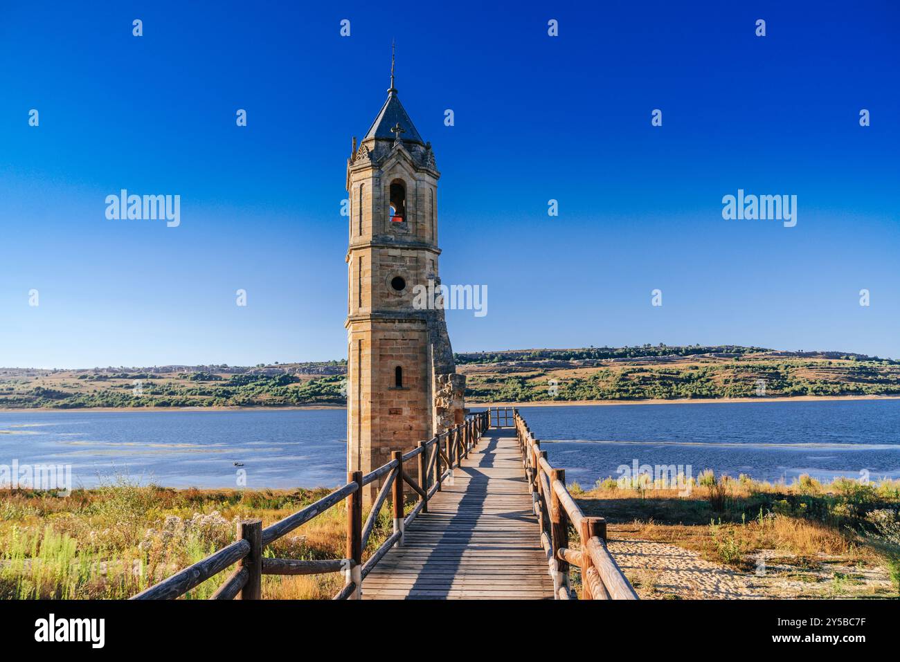 Las Rozas de Valdearroyo, Spain. Bell tower in the banks of the Ebro ...