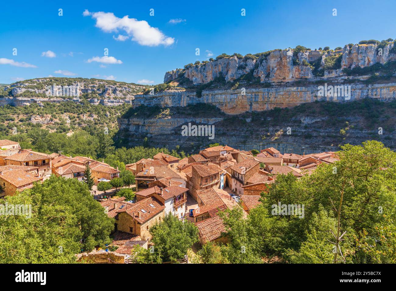 Elevated view of Orbaneja del Castillo, a beautiful Spanish town known ...