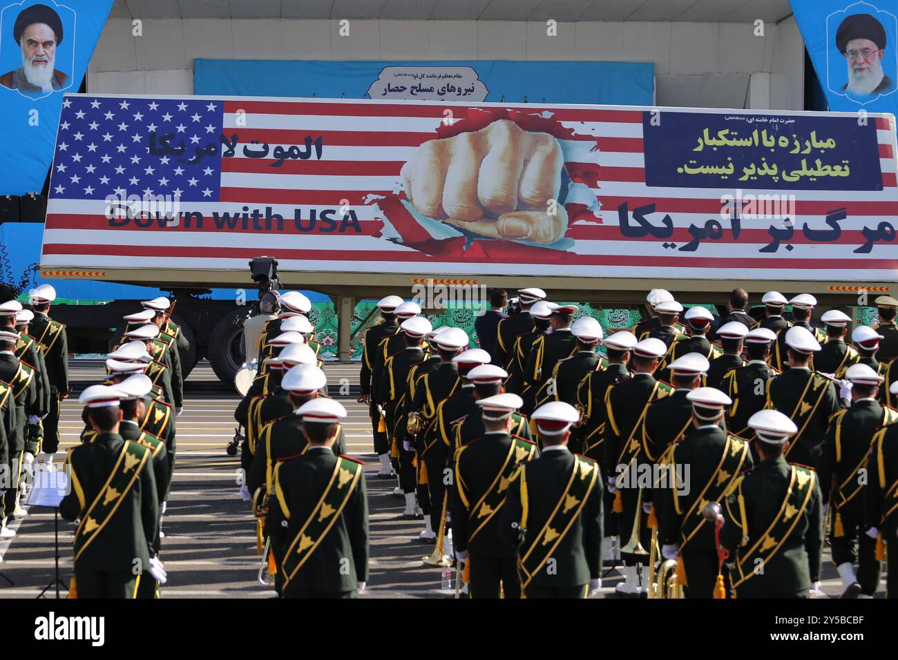 Tehran, Iran. 21st Sep, 2024. A giant poster written ''Down with USA ...