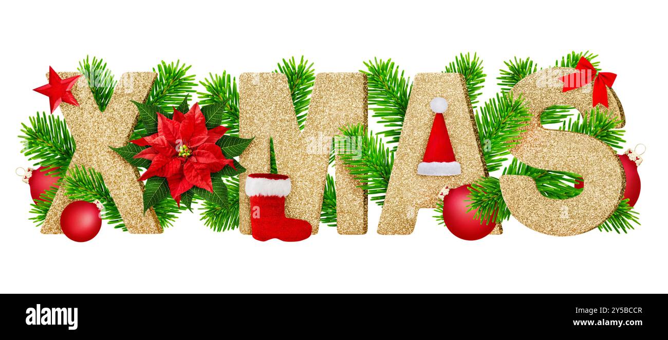 X-MAS Christmas golden letters and fir branches with balls and red ...