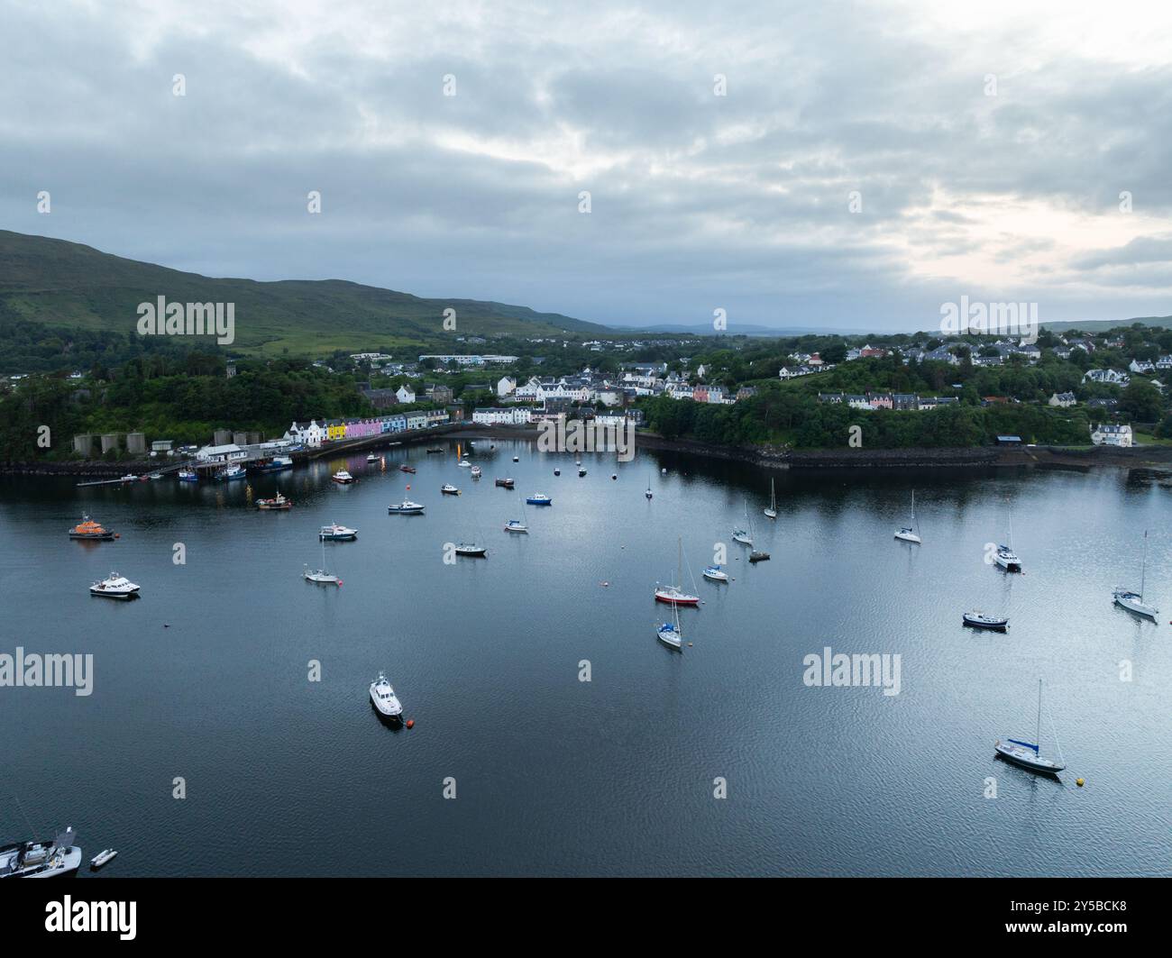 Aerial view of boats around the Portree harbor in Isle of Skye ...