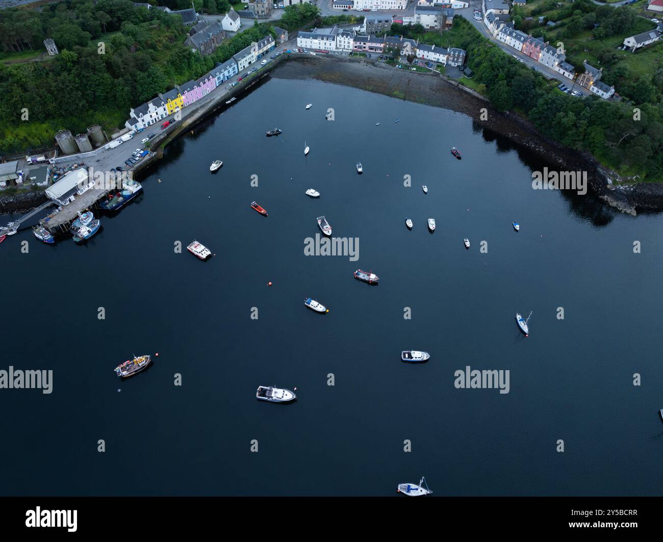 Aerial view of boats around the Portree harbor in Isle of Skye ...