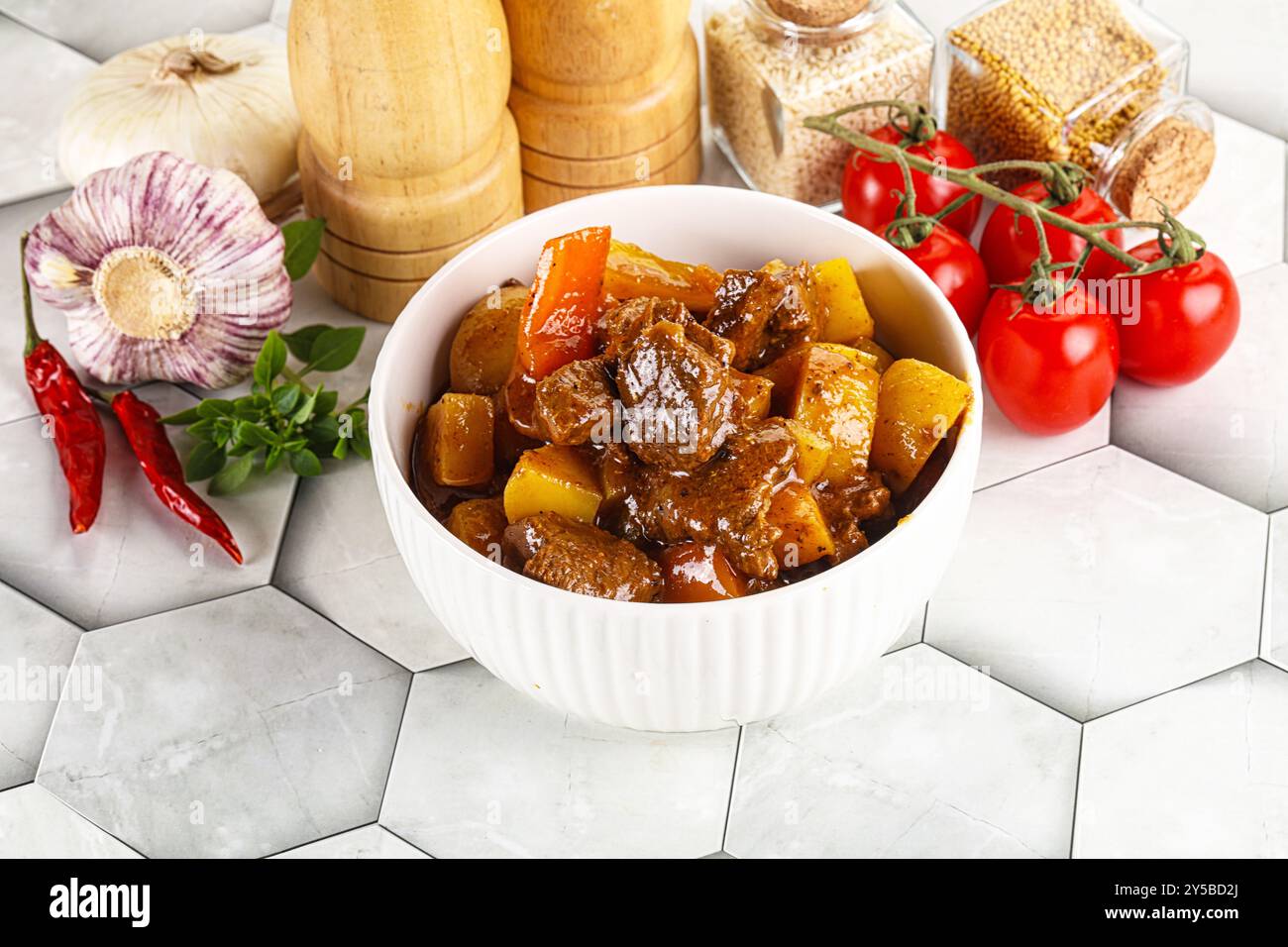 Homemade beef hungarian goulash with potato, pepper and tomato Stock ...