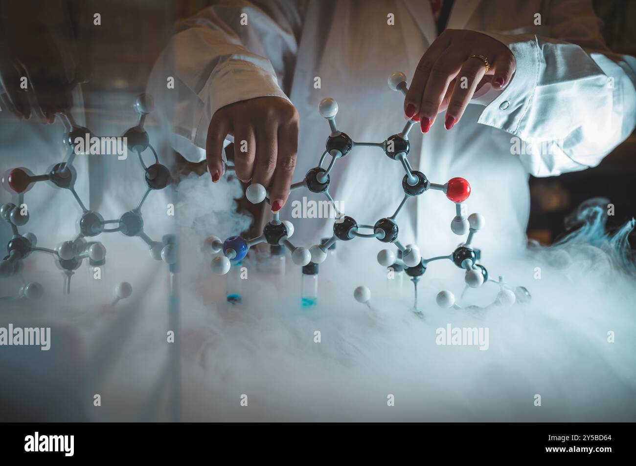 Smoky Experiments With Molecular Model Scientist Working On Chemical