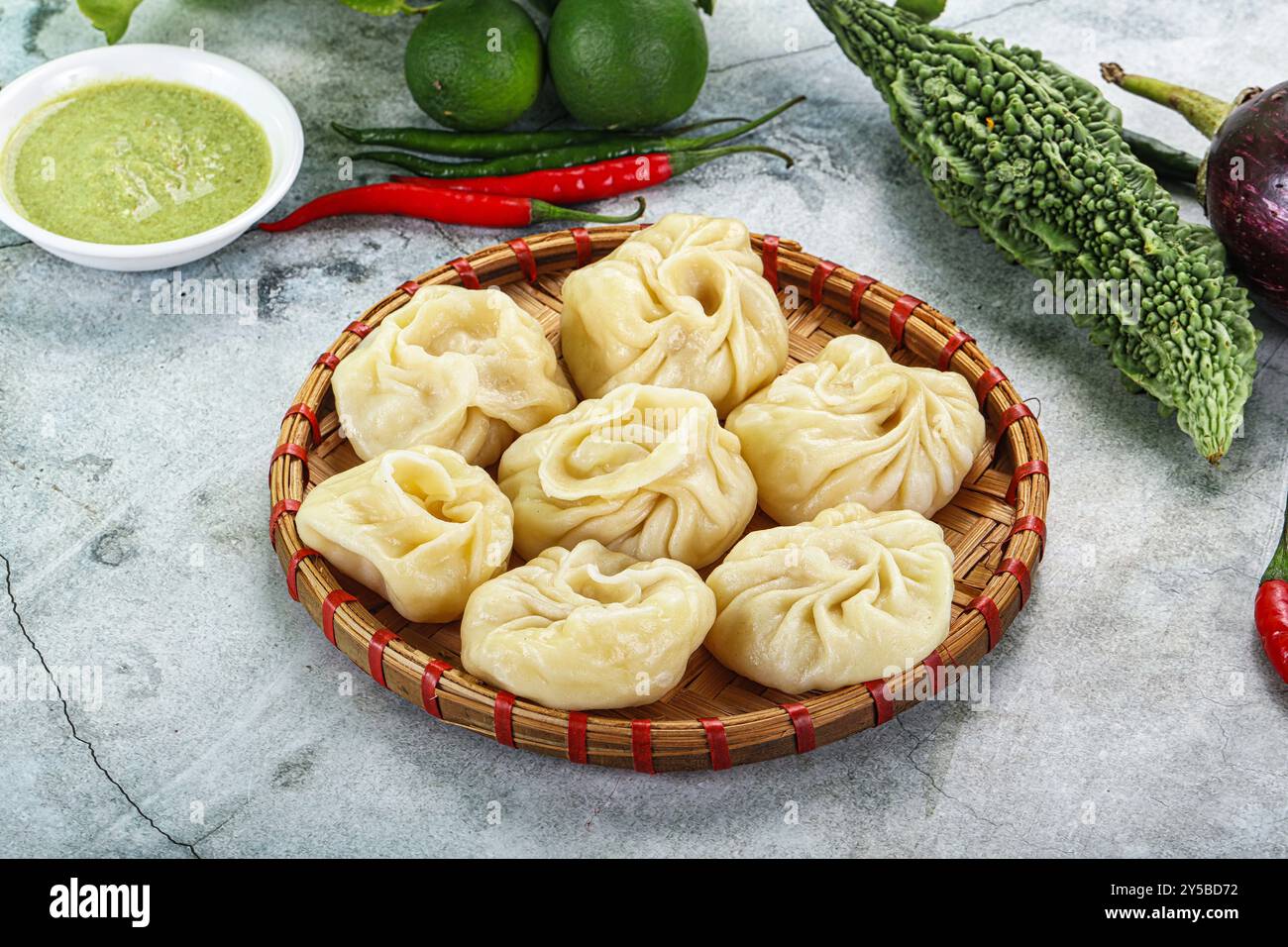 Nepali steamed dumplings Momo with mint sause Stock Photo - Alamy