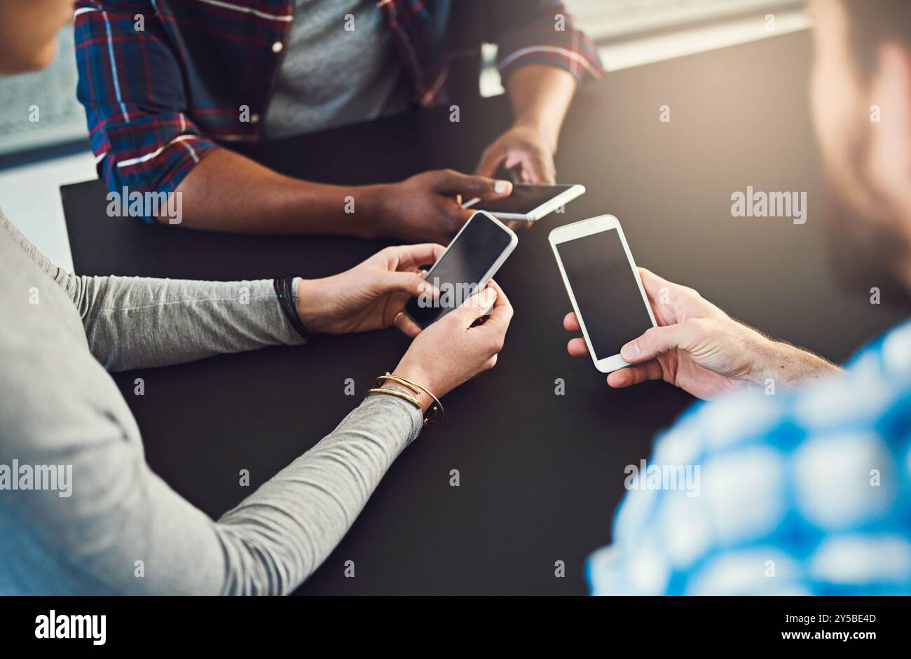 Smartphone screen, hands and people networking in circle for ...