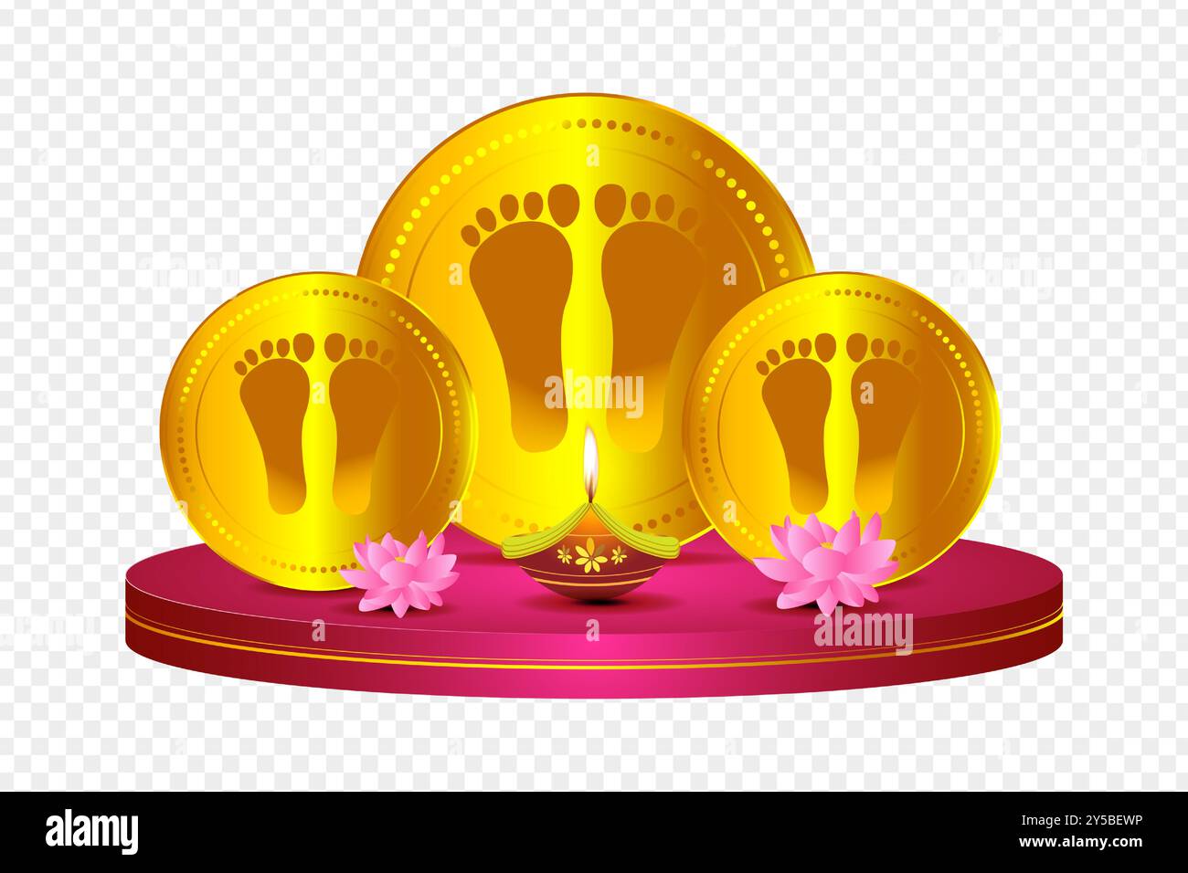 Vector illustration of lakshmi footprint gold coins with diya and lotus ...