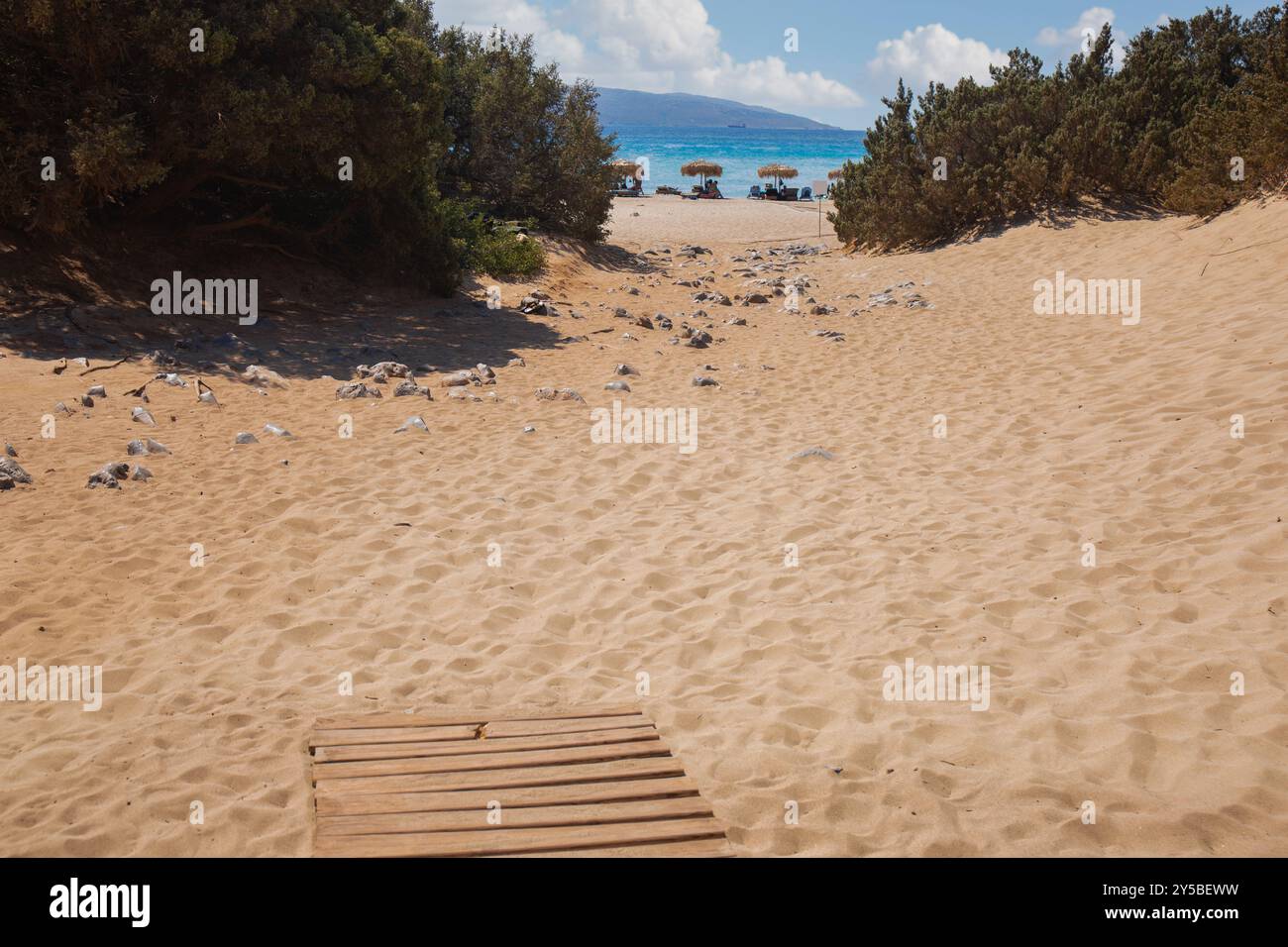 View of sandy Simos beach in Elafonisos island, Greece. Elafonisos is a ...