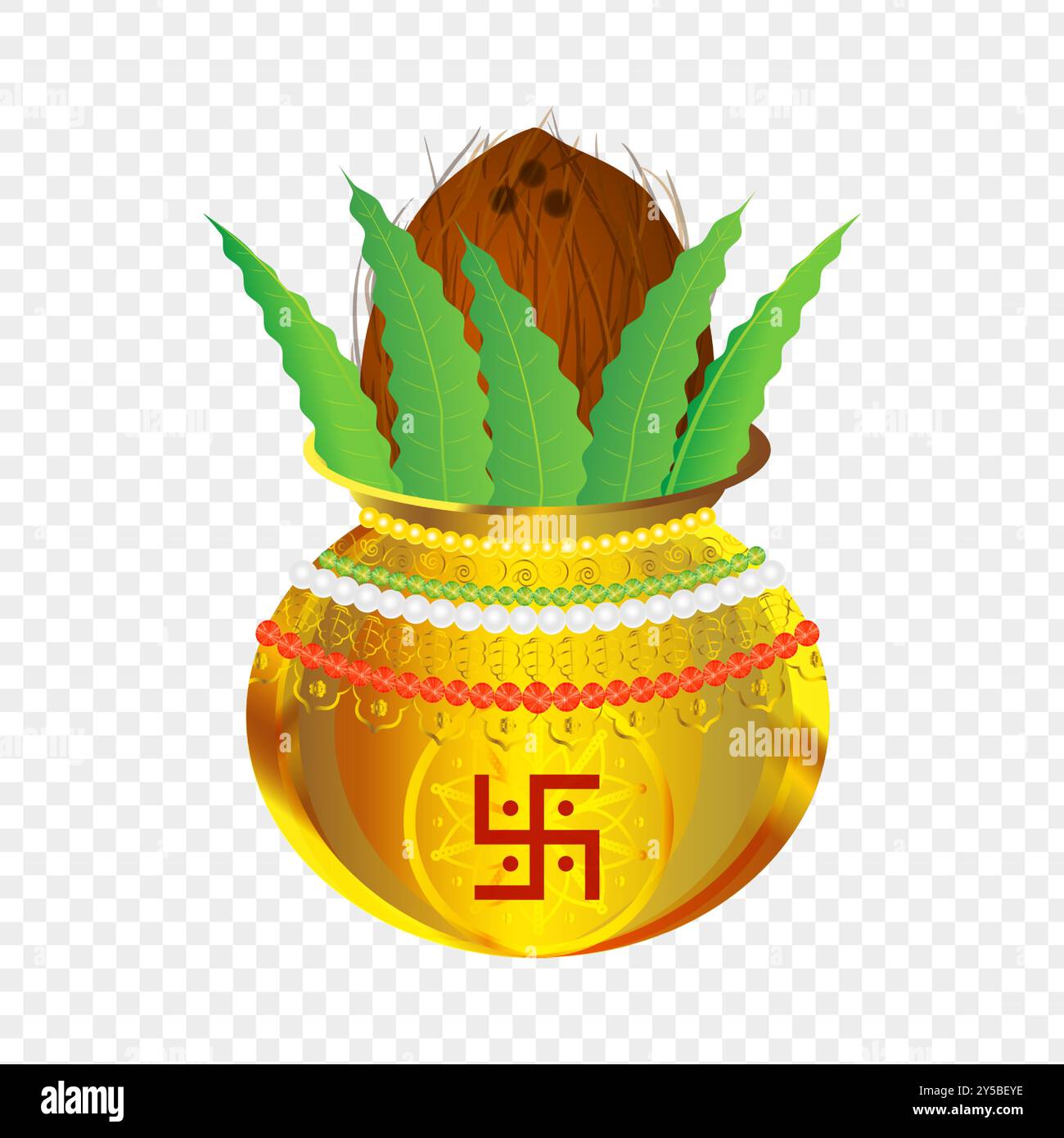 Vector illustration of coconut with ashoka leaves in golden pot on ...