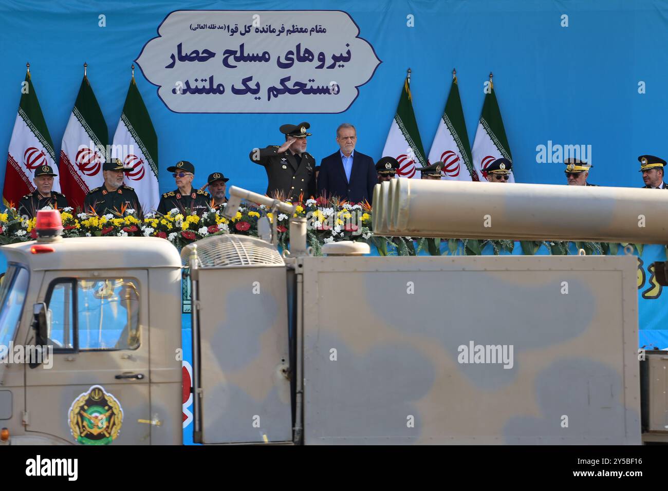 Tehran, Iran. 21st Sep, 2024. Iranian President MASOUD PEZESHKIAN (C ...