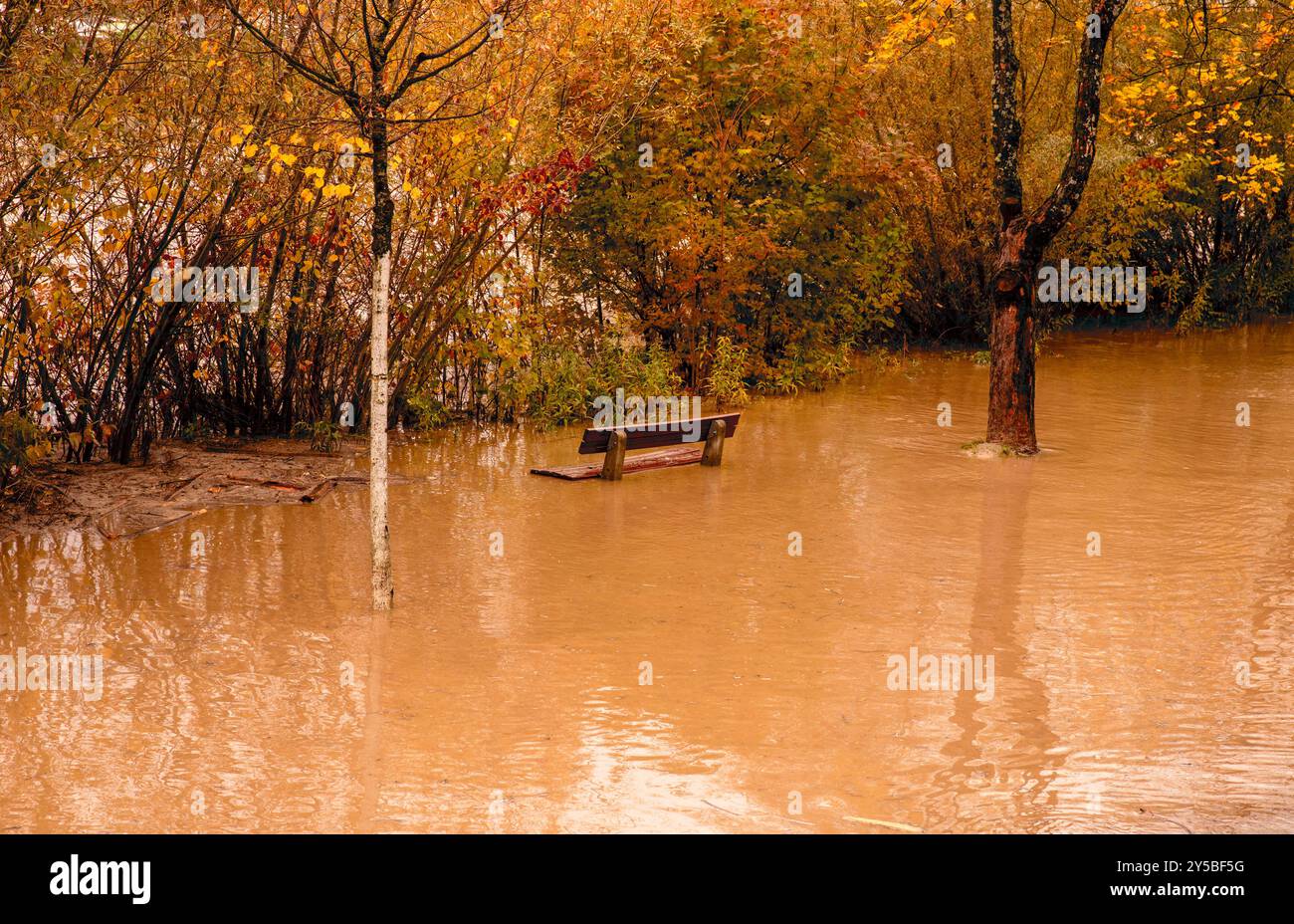 Park bench submerged in water, flooded scene, autumn scenery, natural ...