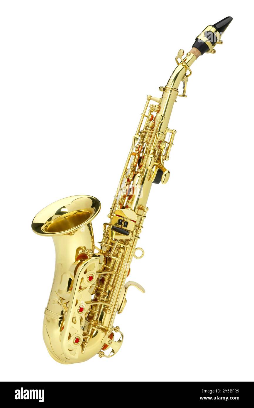 Golden saxophone, classical instrument isolated on white background ...