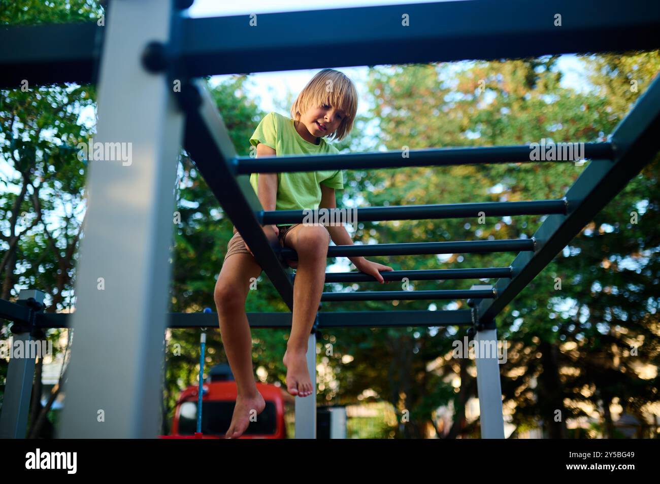 A young child enjoys playtime on a monkey bar structure in a vibrant ...