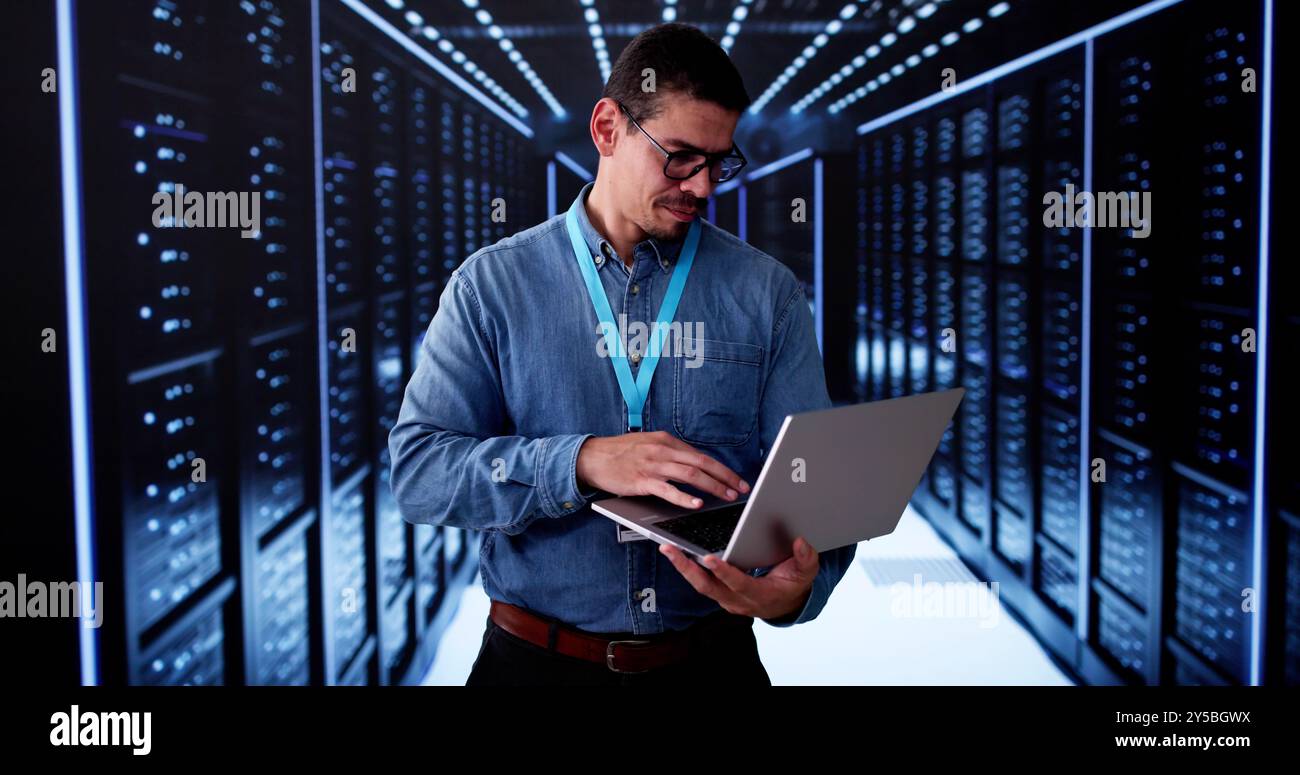 Server Room In Data Center. Cloud Computer Engineer Configuring AI Technology Stock Photo - Alamy