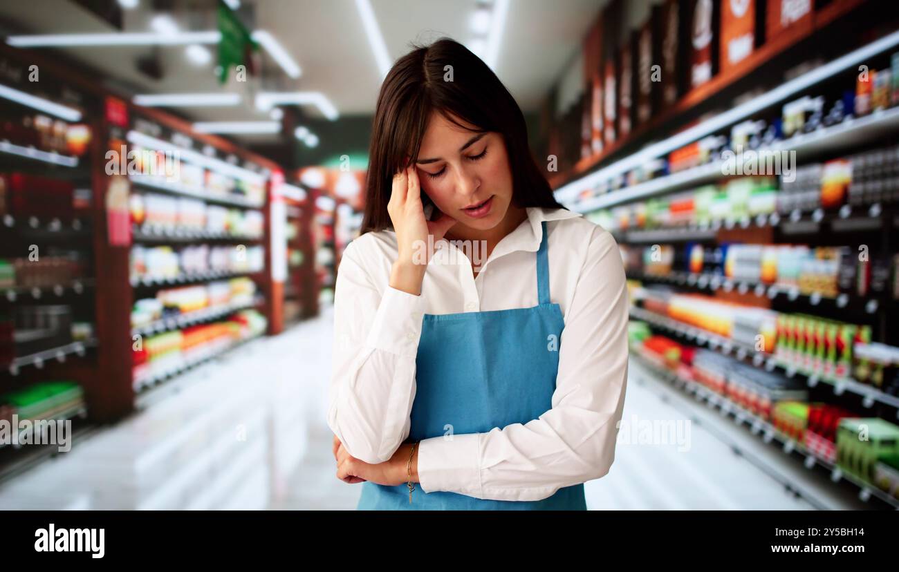 Stressed Sad Grocery Shop Or Supermarket Worker Stock Photo - Alamy