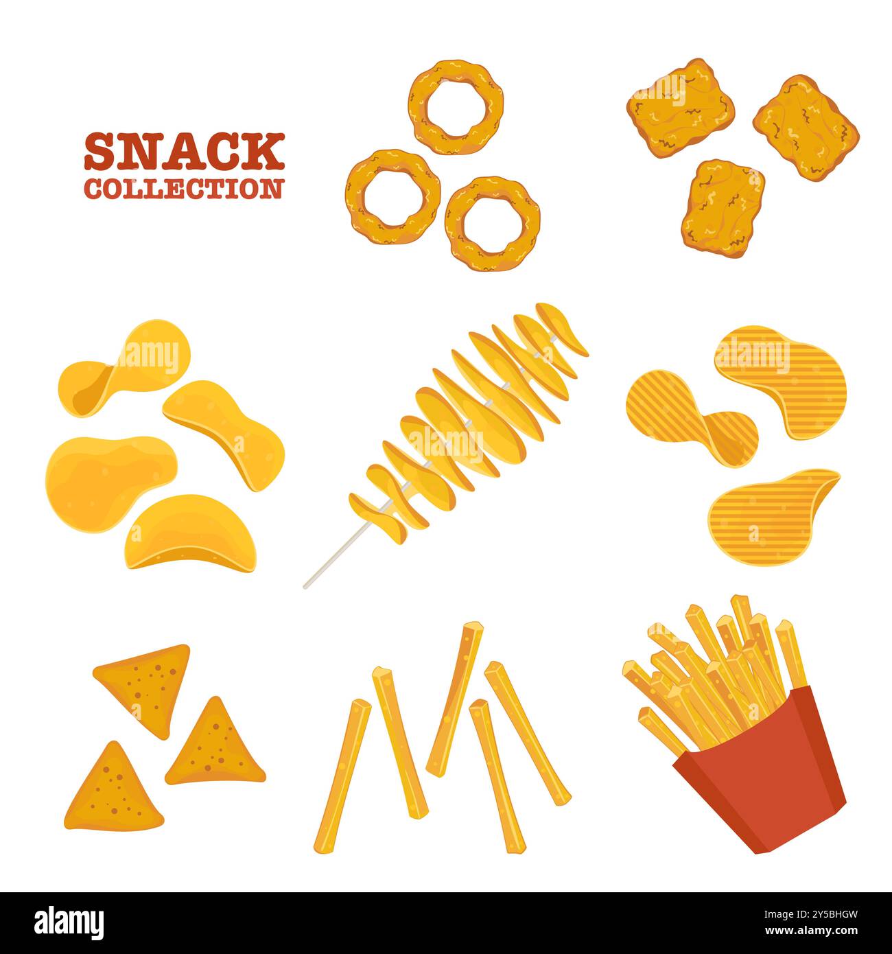 Set of vector illustrations of snacks and junk food. Party snacks. Fast ...