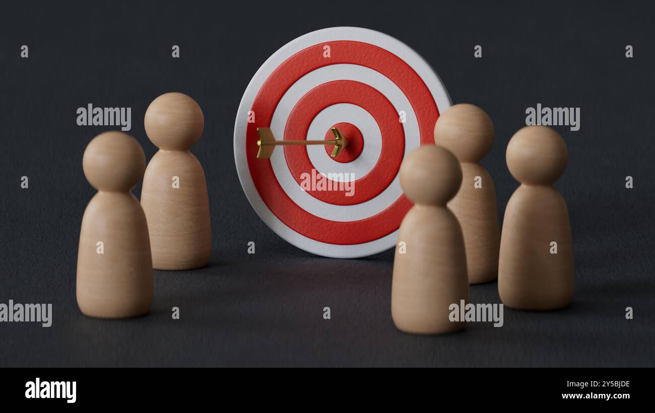 Wooden miniature figures standing with dartboard and arrow for setup ...