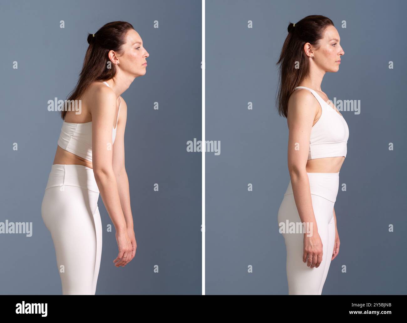 Woman slouching and with correct posture. Comparison Stock Photo - Alamy