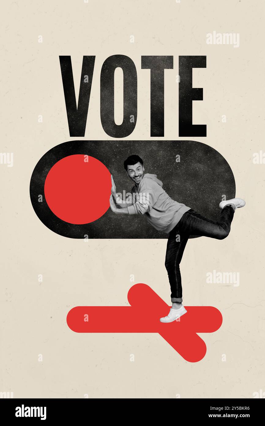 Collage vertical picture of funny young person vote turn on start ...