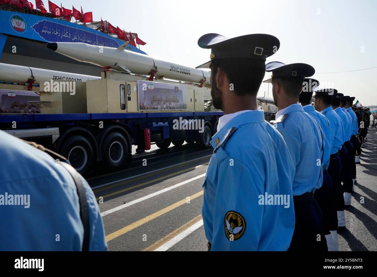"Khaibar-buster" missile systems are displayed by the Iranian ...