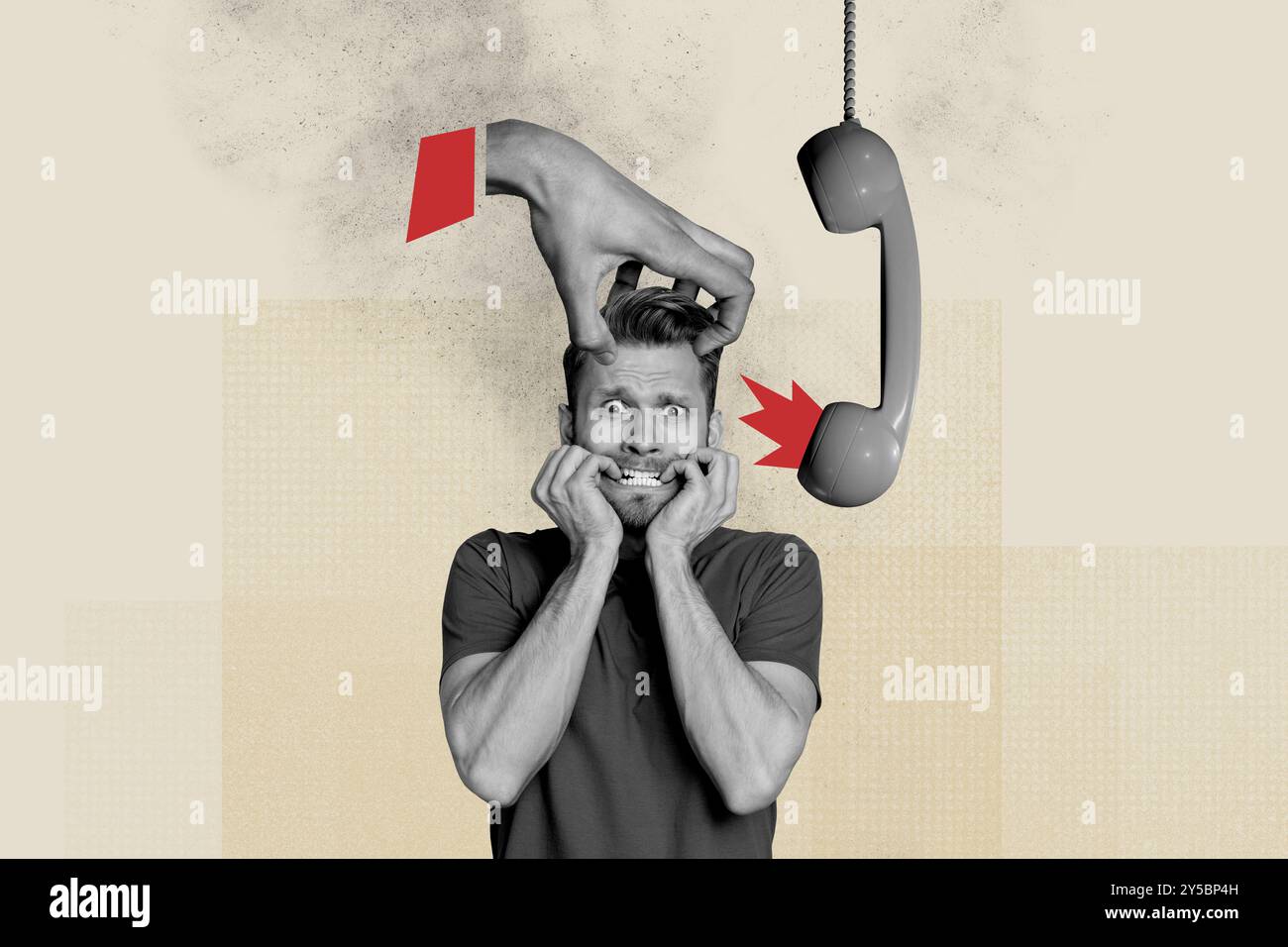 Composite photo collage of scared man bite fingers hand force workload ...