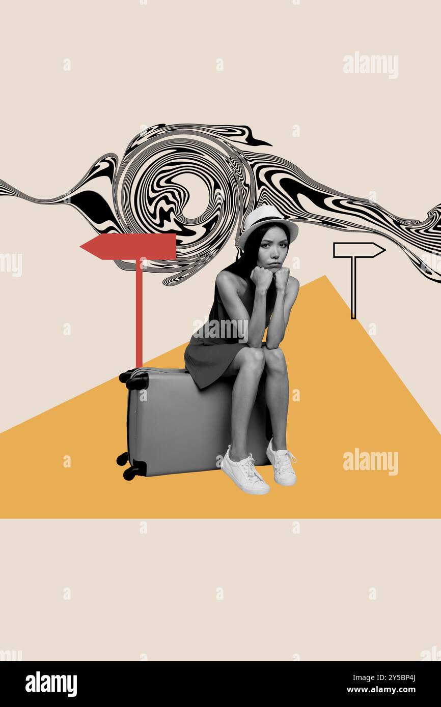 Vertical poster collage young woman bored upset road sign pointer ...