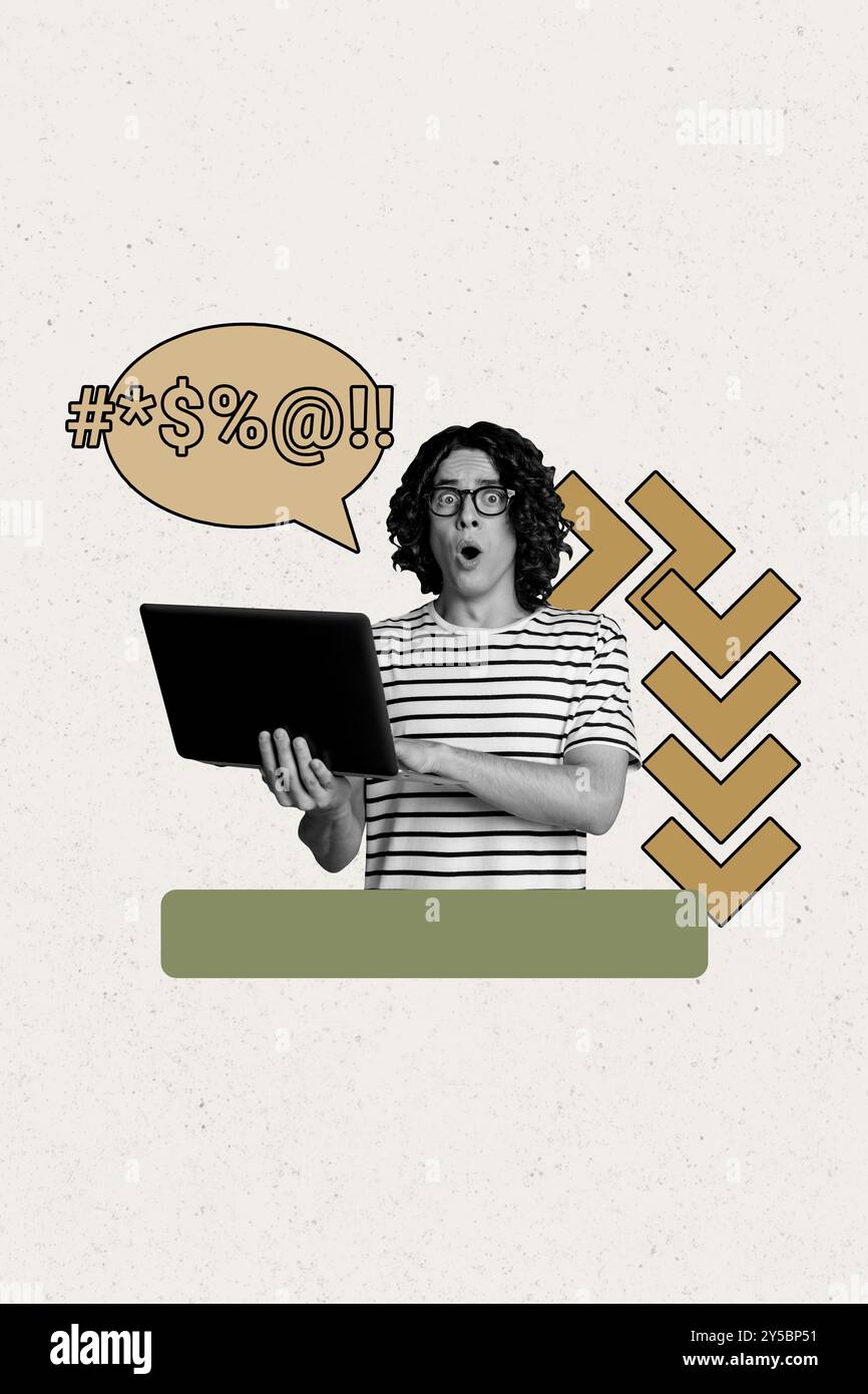 Vertical poster collage young shocked astonished man laptop digital ...
