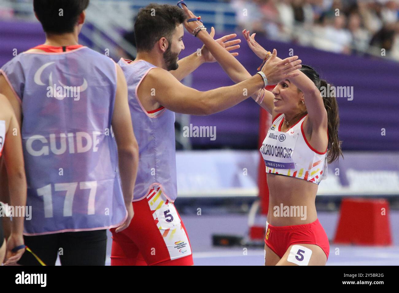 Nagore FOLGADO GARCIA of Spain & Guide Joan RAGA VARO celebrate getting a PB in the Women's 100m ...